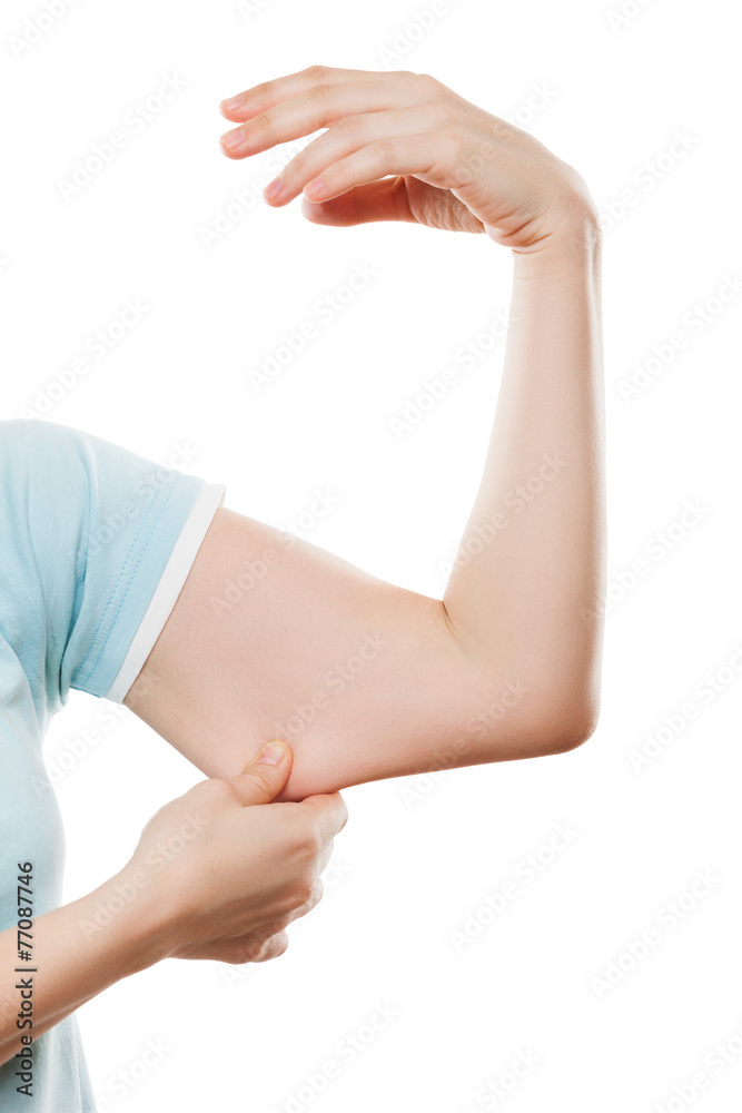Overweight woman hand holding or pinching weak flabby triceps mu Stock ...