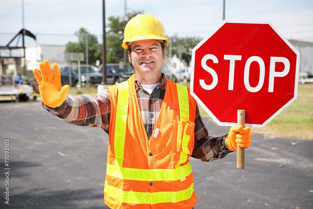 Construction Worker with Stop Sign Stock-Foto | Adobe Stock