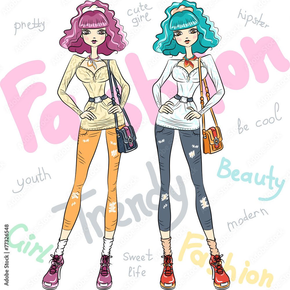 Vector beautiful fashion girls top models Stock Vector | Adobe Stock