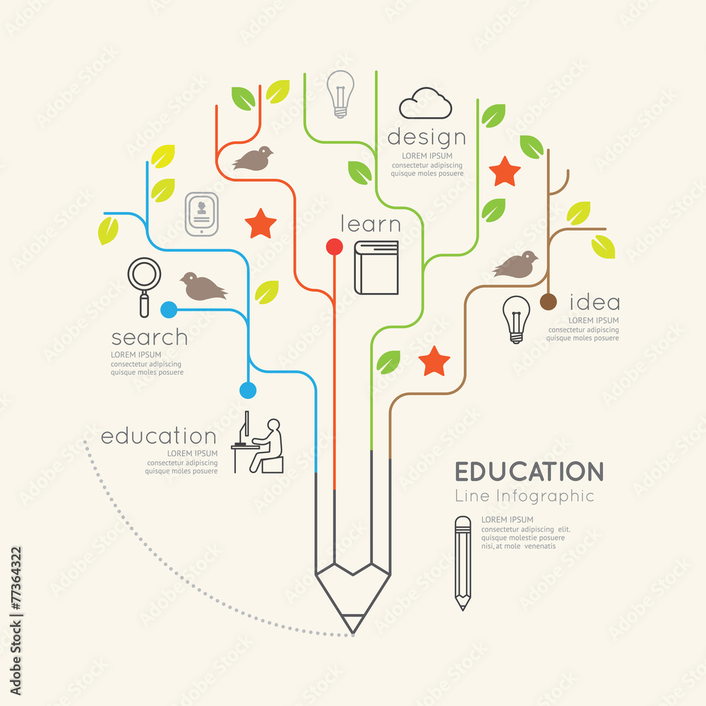 Flat linear Infographic Education Pencil Tree Outline concept.Ve Stock ...