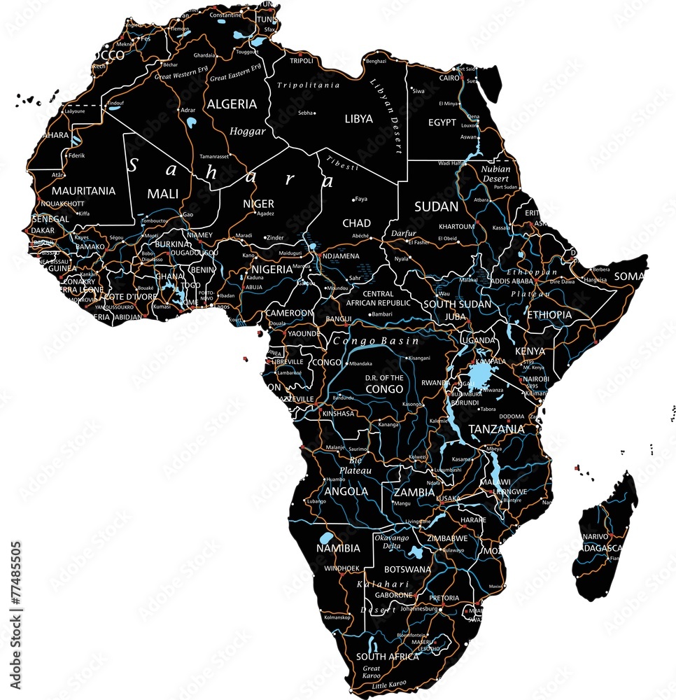 High detailed Africa road map with labeling - Black. Stock Vector ...