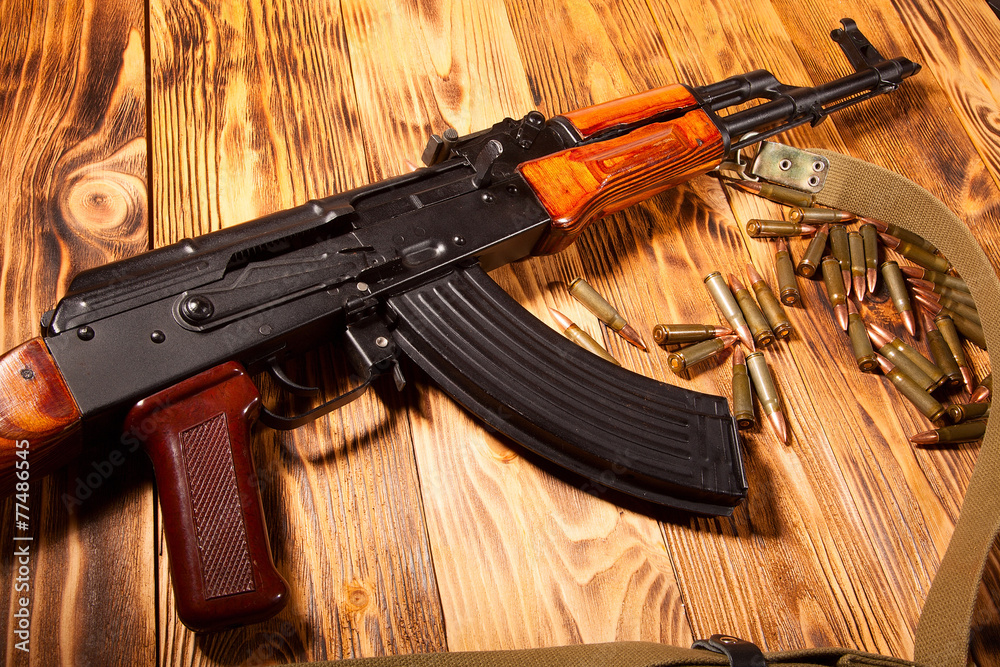 Kalashnikov assault rifles with ammunition Stock Photo | Adobe Stock
