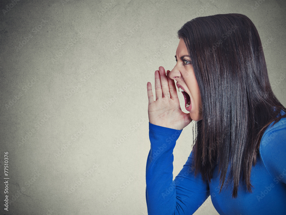 Side profile headshot angry woman screaming grey background Stock Photo ...