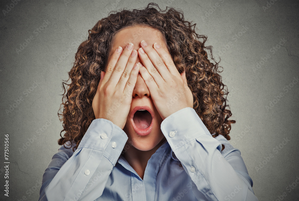 Headshot scared woman covering eyes wide open mouth Stock Photo | Adobe ...