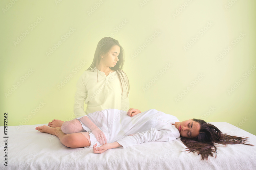 Young girl is waking up again. When the soul leaves the body Stock ...