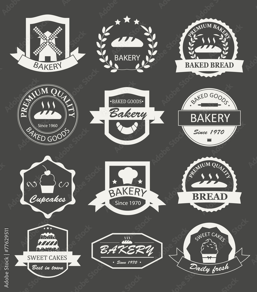 Retro bakery logos, badges and labels set. Baked goods design el Stock ...