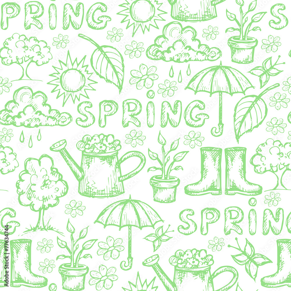Vector pattern with hand drawn symbols of spring on white color Stock ...