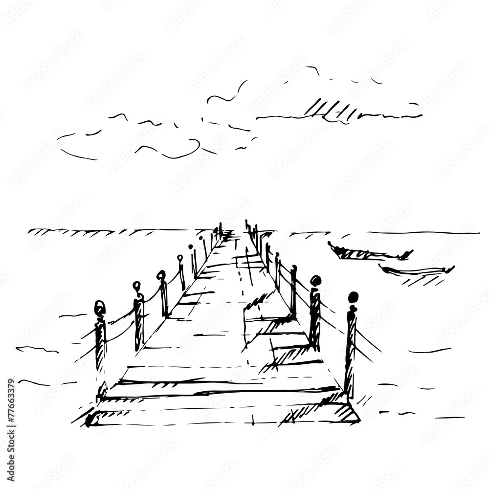 Wooden pier at sea with cloudscape. Sketch. Stock Vector | Adobe Stock