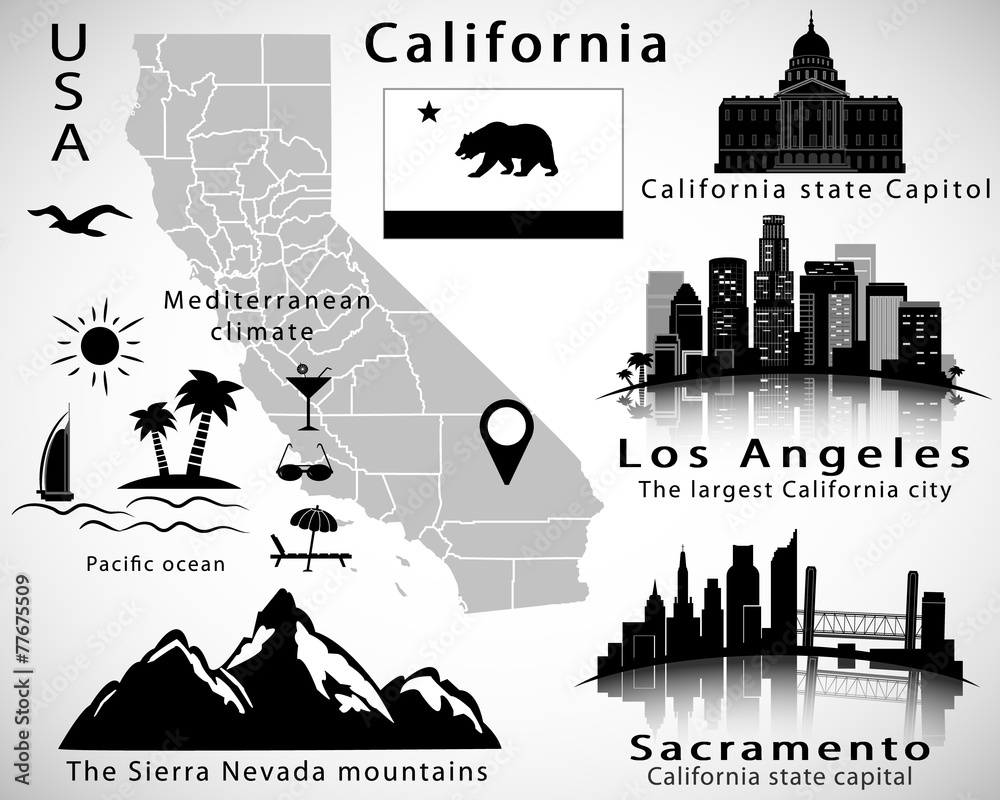 California state vector set: city skylines, icons, map, flag Stock ...