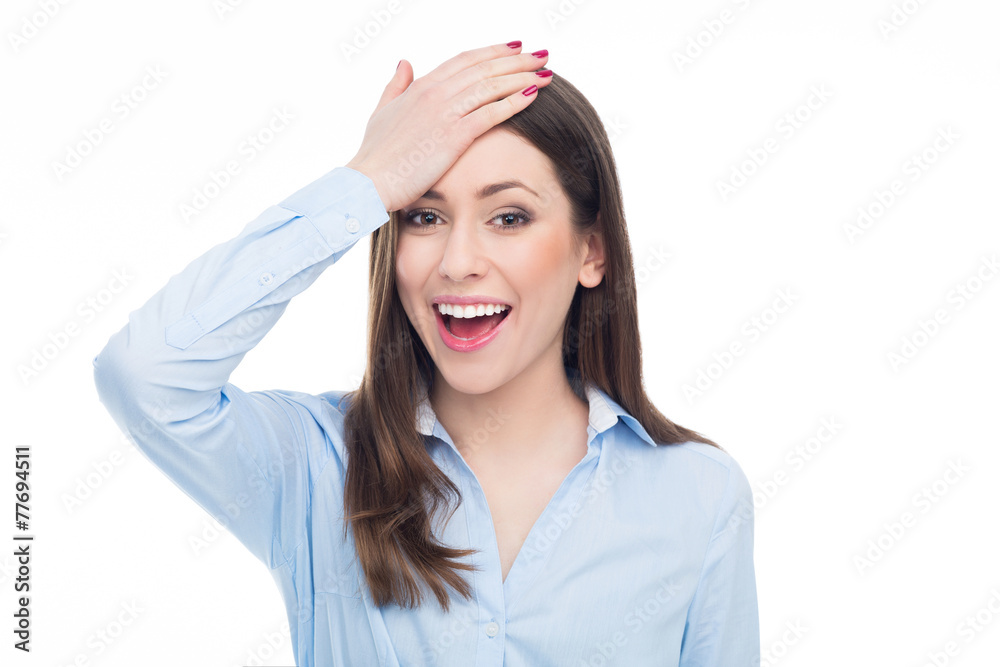 Woman with hand on head Stock Photo | Adobe Stock