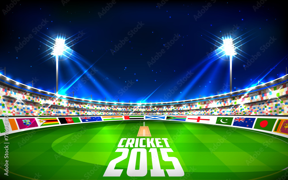 Stadium of cricket showing flags of participating countries Stock ...