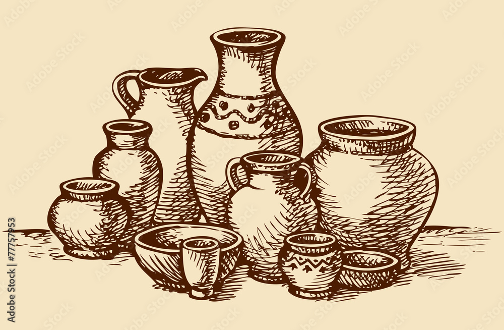 Clay pots of different sizes and shapes. Vector sketch Stock Vector ...