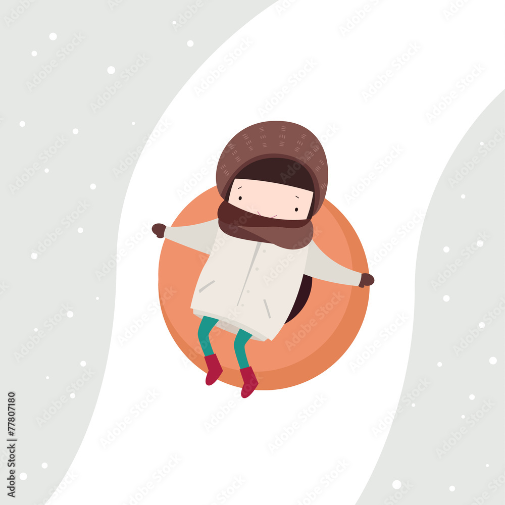 Vector cartoon illustration of little boy riding a snow tube Stock ...