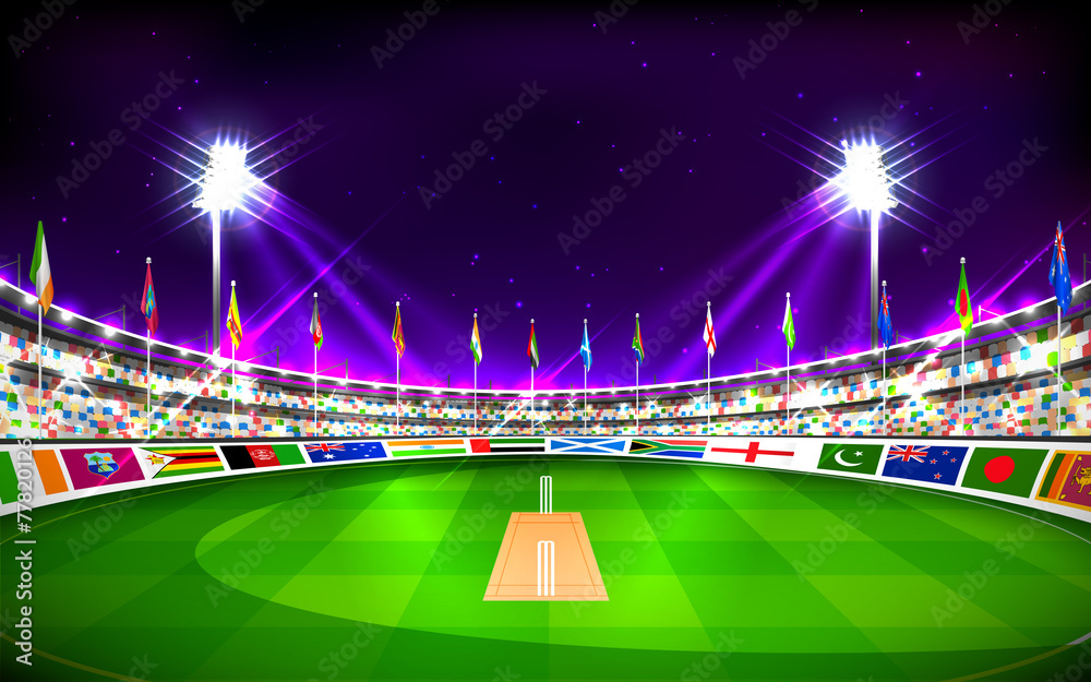Stadium of cricket showing flags of participating countries Stock ...