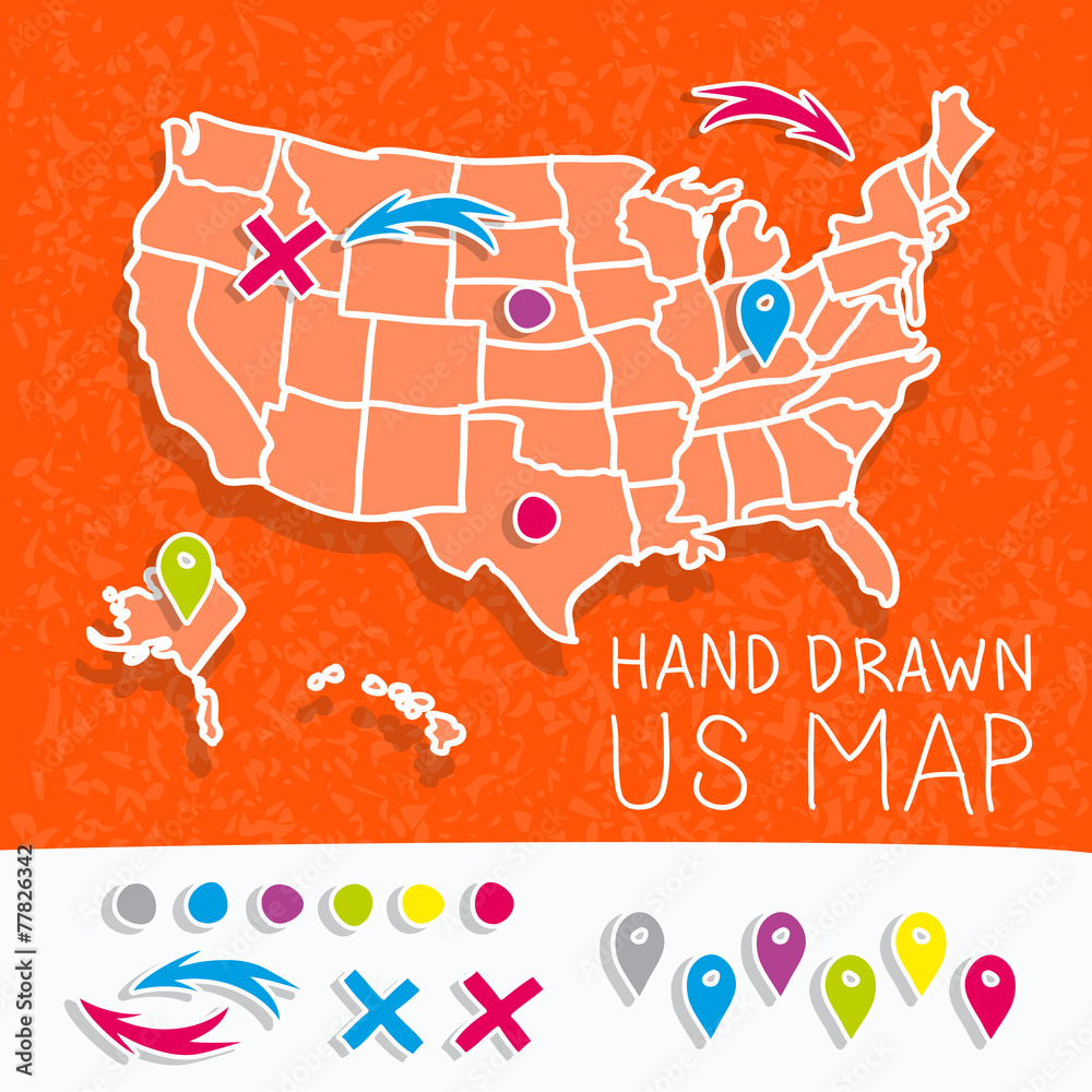 Hand drawn US map whith map pins vector illustration Stock Vector ...
