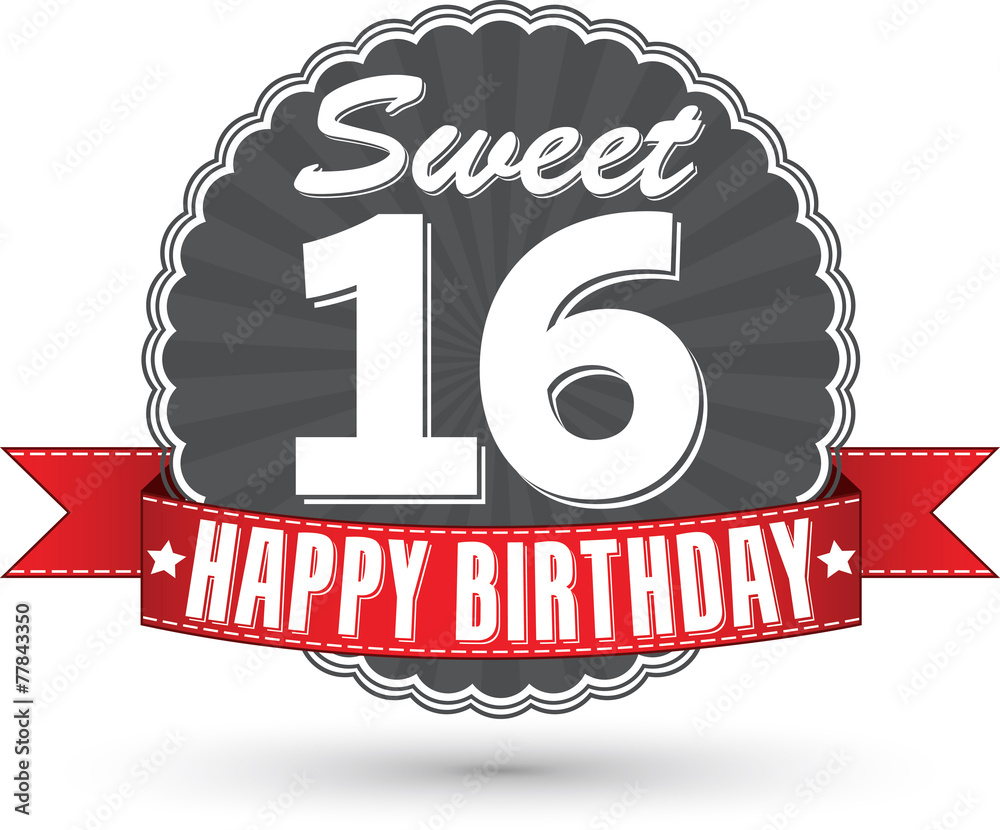 Happy birthday 16 years retro label with red ribbon, vector illu Stock ...