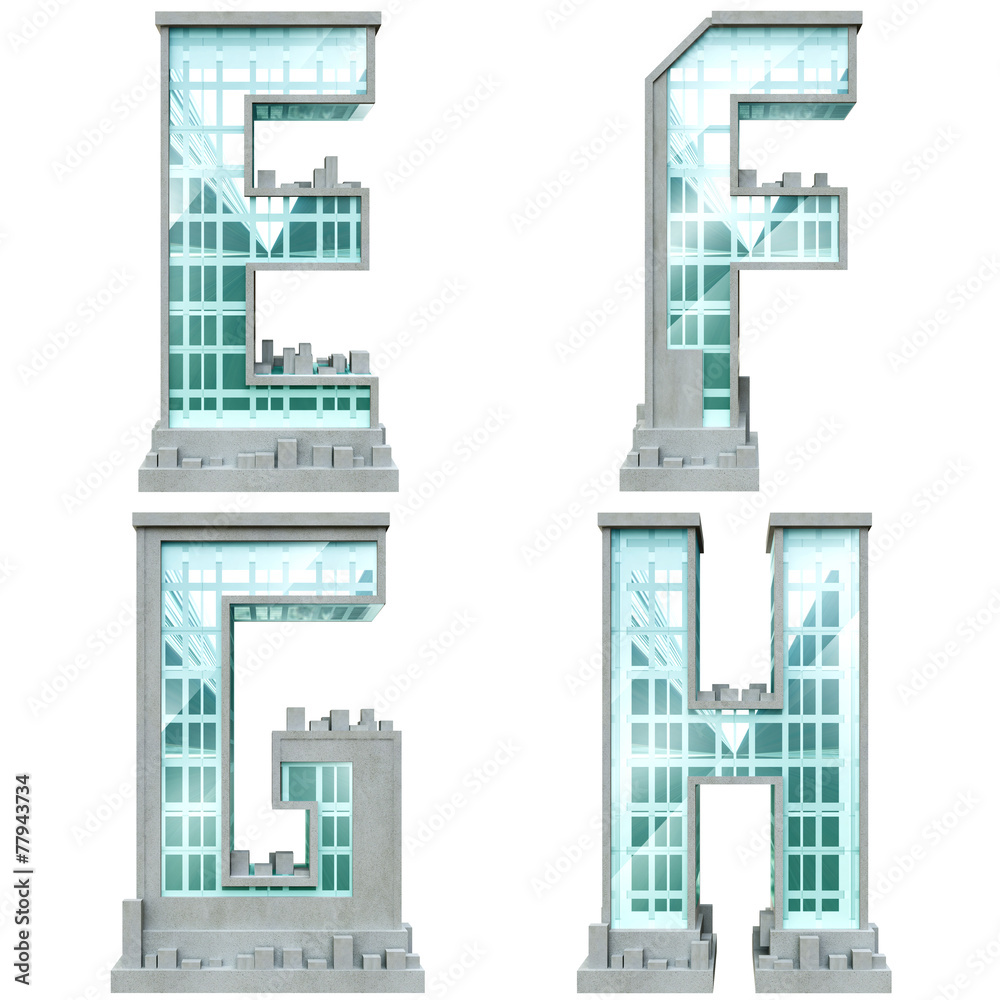 Alphabet in the form of urban buildings. Letter e, f, g, h. Stock ...