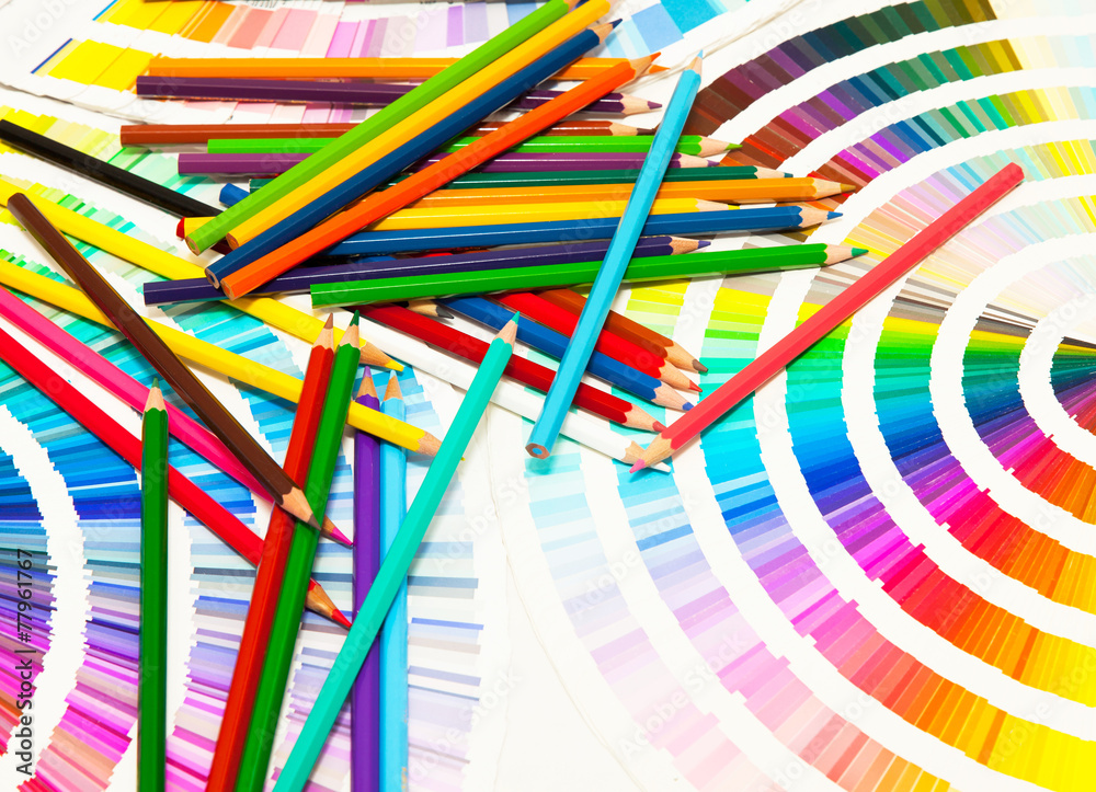 colored pencils and color chart of all colors Stock Photo | Adobe Stock