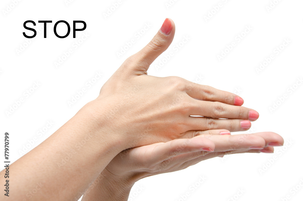 Woman hand ASL american sign language on white background Stock Photo ...