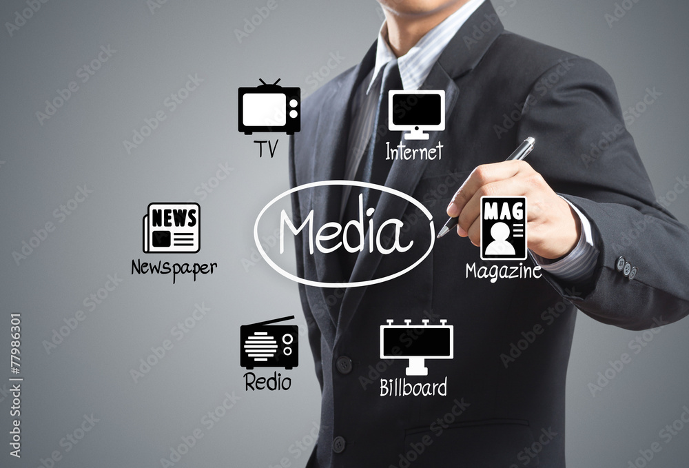 Business man drawing media Icons diagram Stock Photo | Adobe Stock