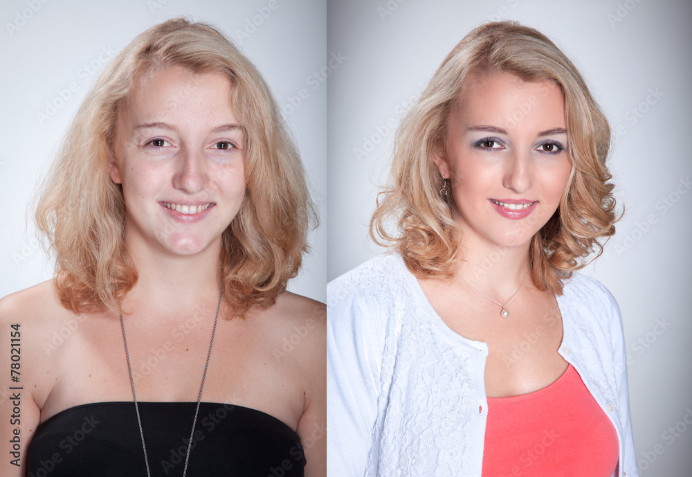 Vorher Nachher Frau mit Visagistik Make Up Vergleich Porträt Stock-Foto | Adobe Stock