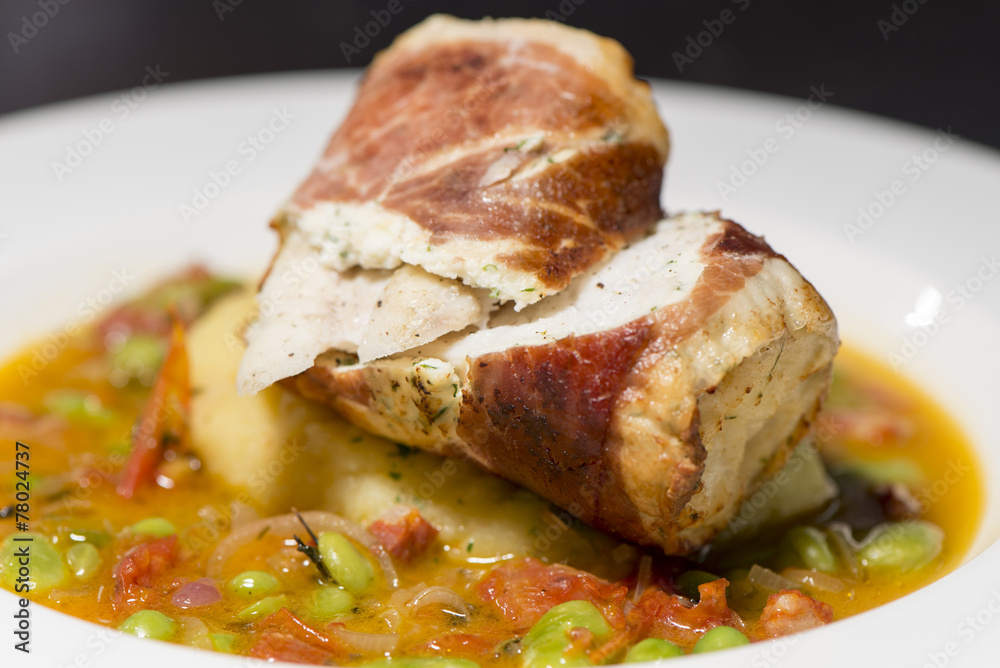 Fine Dining - Fish - Monkfish Wrapped In Ham With Vegetables Stock ...