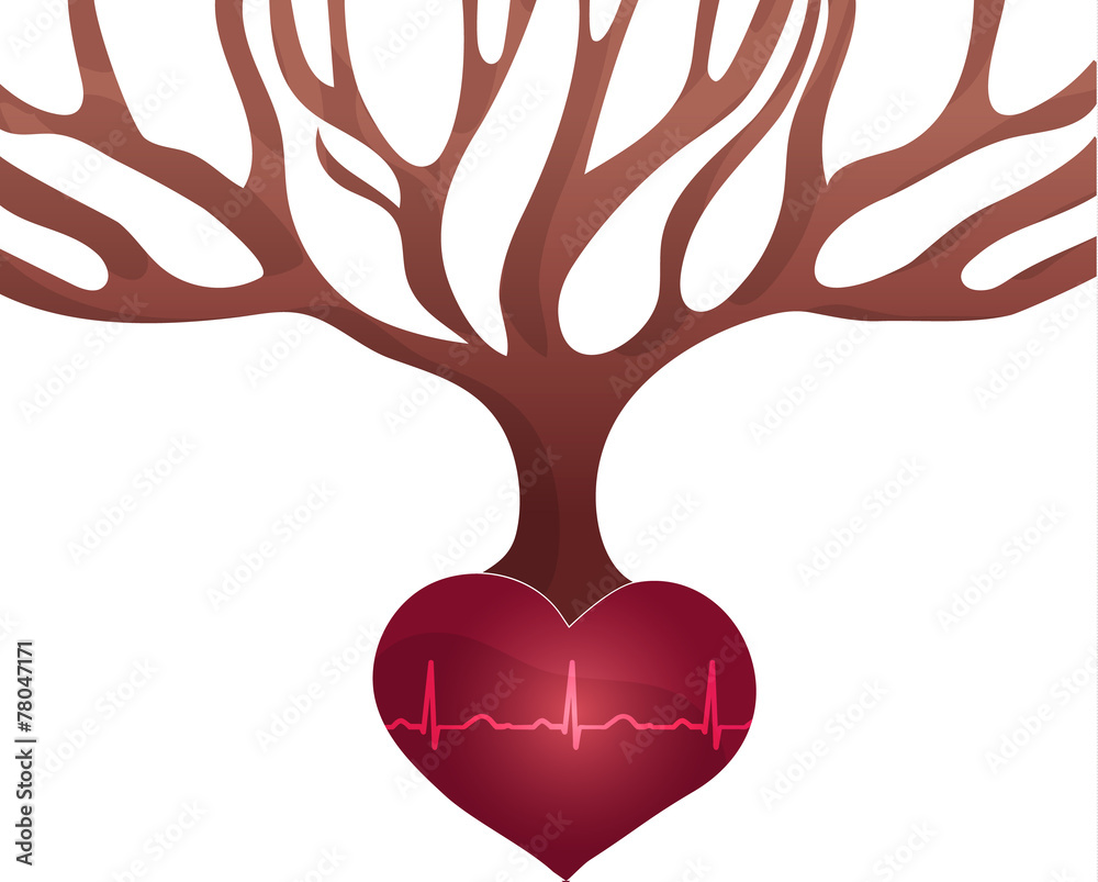 Abstract tree with roots of heart shape and normal heart beat rh Stock ...