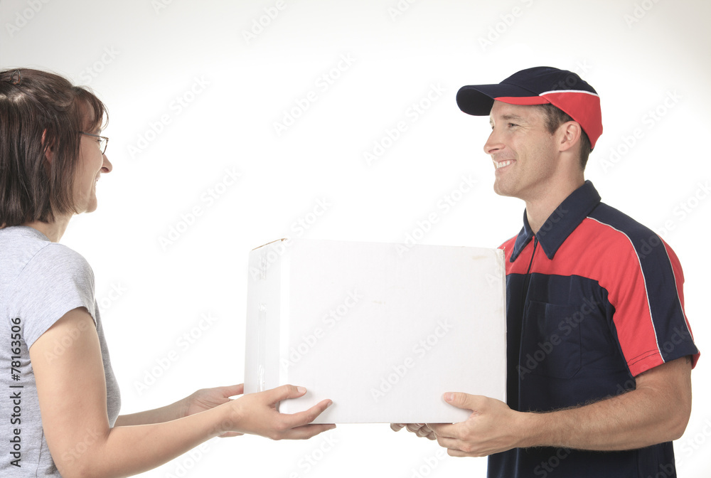 Delivery person delivering packages holding clipboard and packag Stock ...