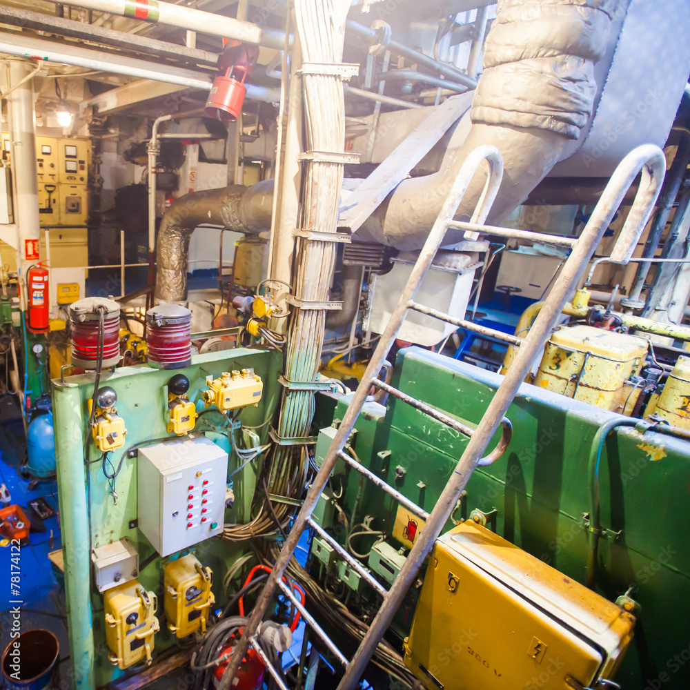 Engine room on a cargo boat ship, engine room on an oil platform Stock ...