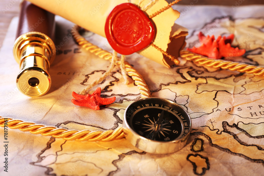Marine still life with world map and spyglass Stock Photo | Adobe Stock