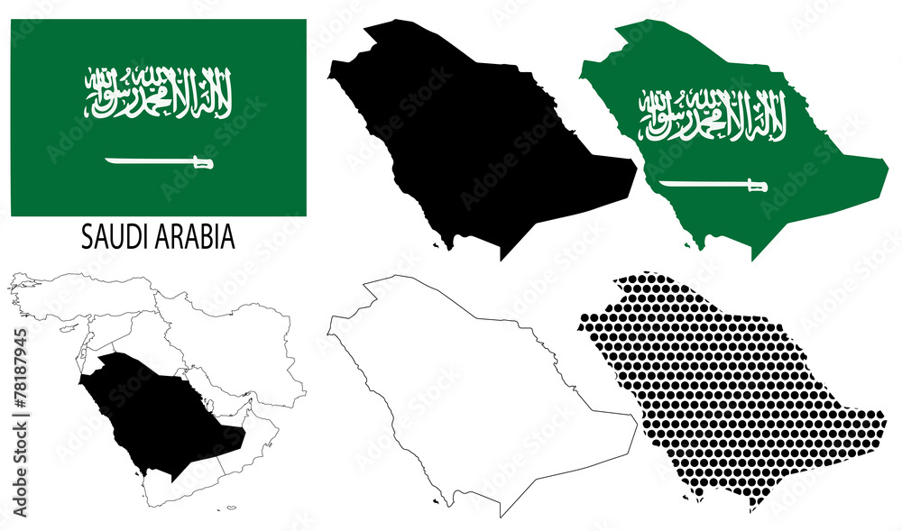 Saudi Arabia - Flag,four vector map contours and Middle East map Stock ...