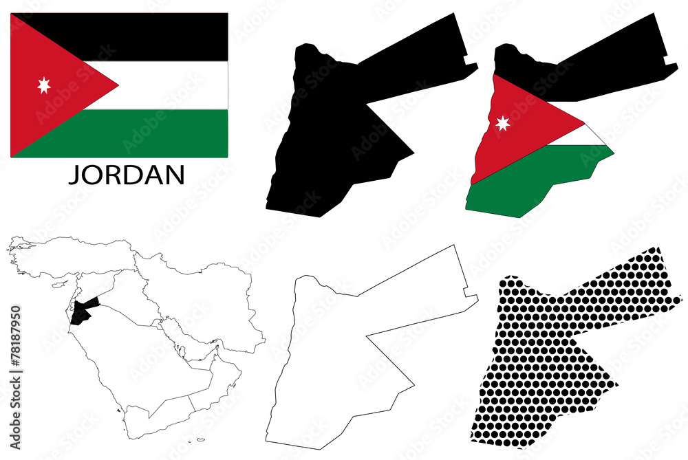 Jordan - Flag, four vector map contours and Middle East map Stock ...