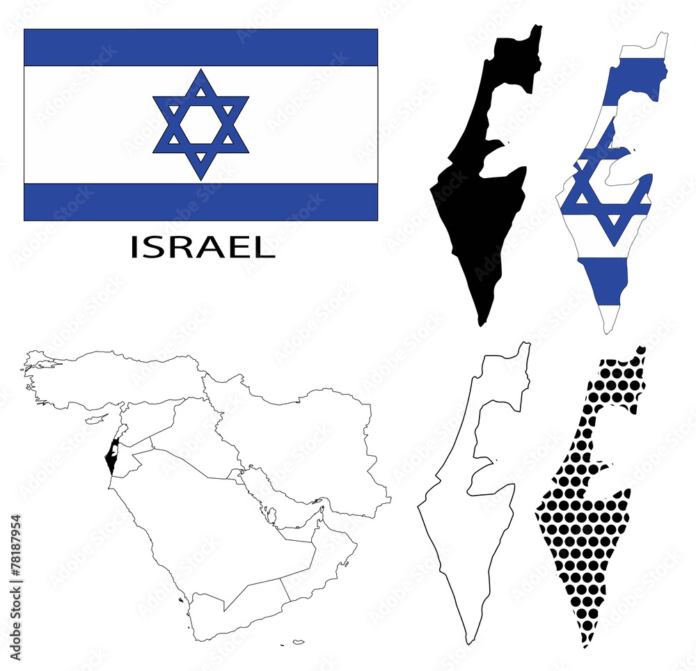 Israel - Flag, four vector map contours and Middle East map Stock ...