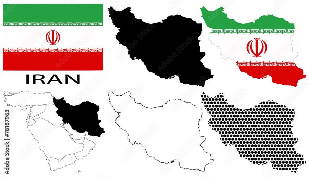 Iran - Flag, four vector map contours and Middle East map Stock Vector ...