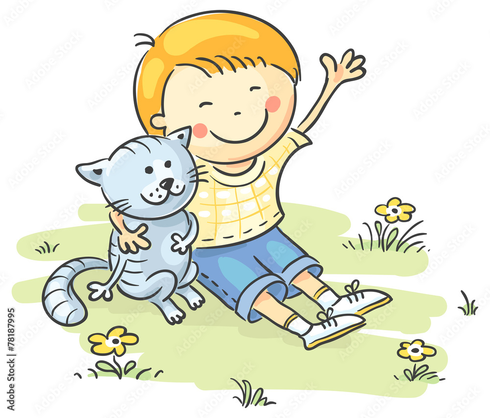 Little boy with his cat Stock Vector | Adobe Stock