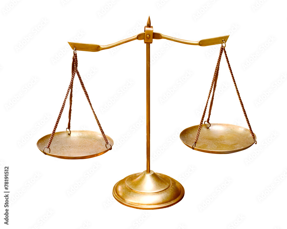 gold brass balance scale isolated on white background use for mu Stock ...