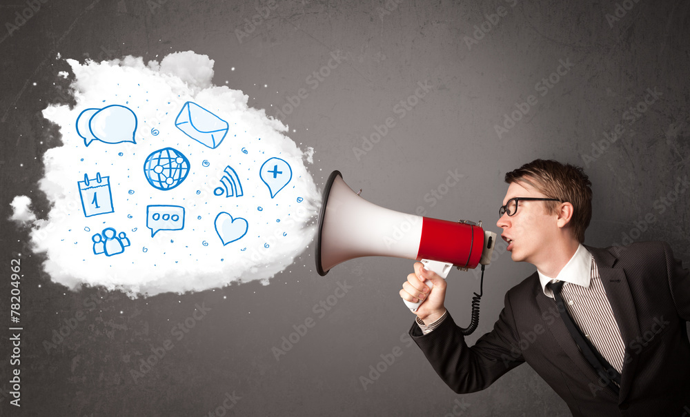 Man shouting into loudspeaker and modern blue icons and symbols Stock ...