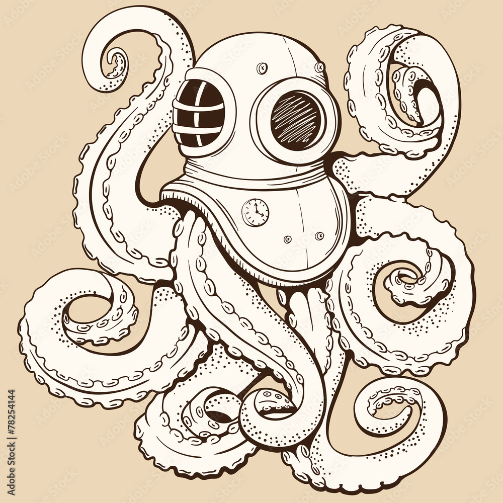 Octopus in retro deep diving suit. Vector illustration Stock Vector ...