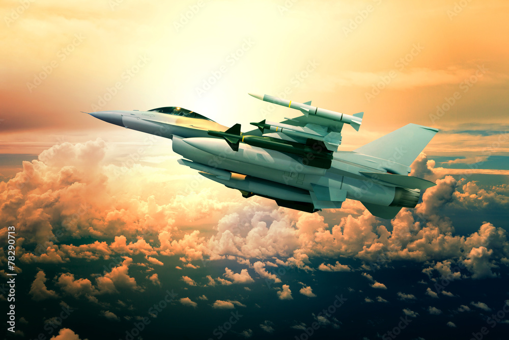 military jet plane with missile weapon flying against sunset sky Stock ...