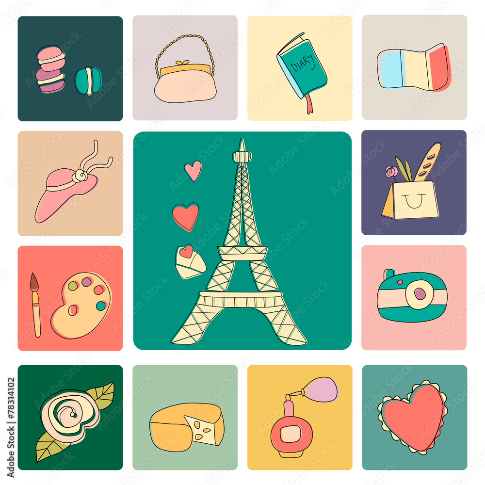 Paris icons. Vintage vector illustration set. Stock Vector | Adobe Stock