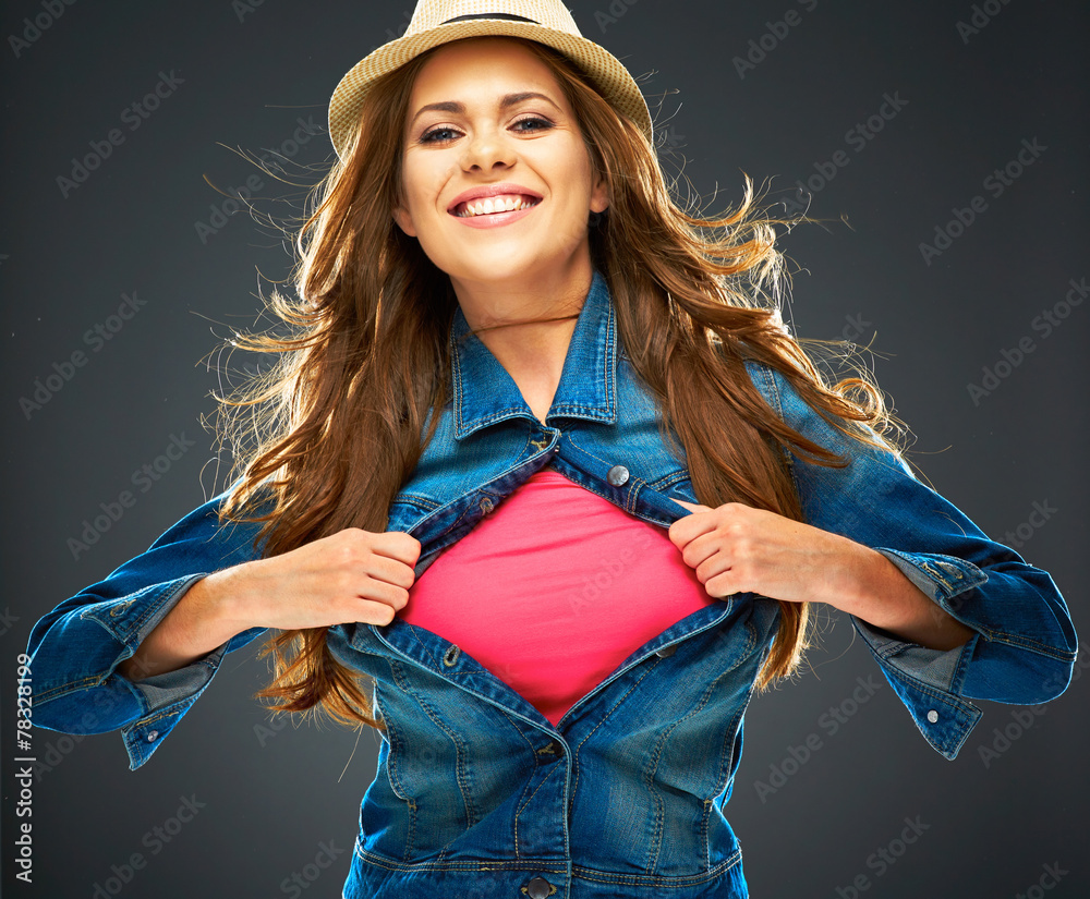 smiling woman ripping clothes on chest. copy space for advertis foto de ...