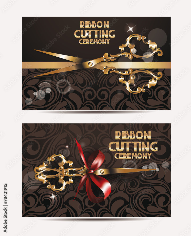 Ribbon cutting ceremony cards with gold scissors Stock Vector | Adobe Stock