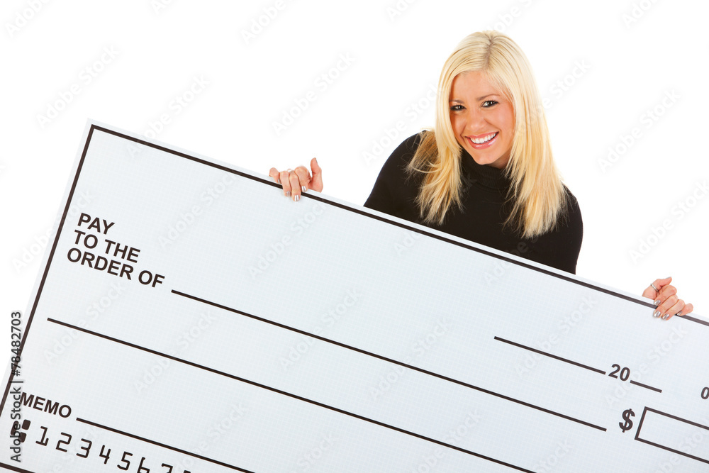 Casual: Woman With Big Smile Holds Blank Check Stock Photo | Adobe Stock