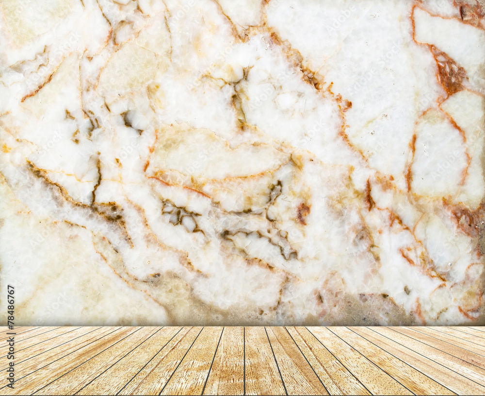 Backdrop stone wall (marble) and wood slabs in perspective. Stock Photo ...