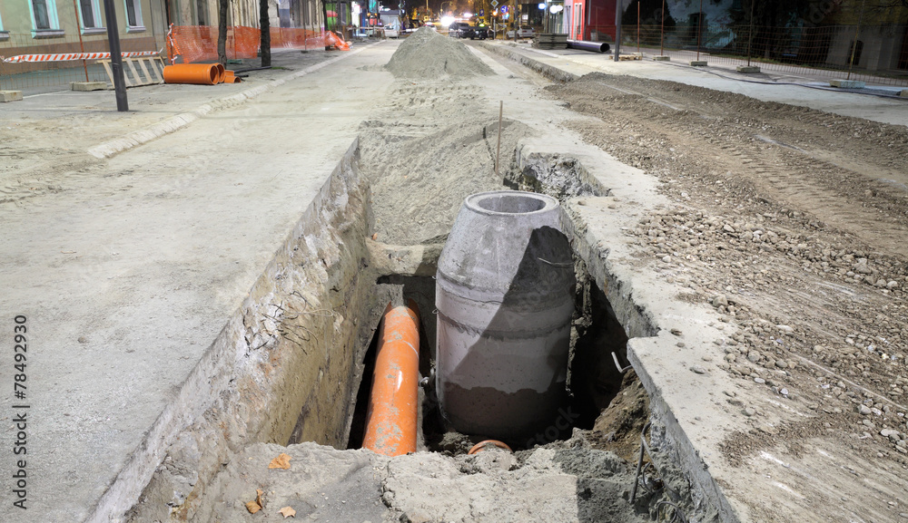 Hydro construction work, reconstruction of sewerage, night photo Stock ...