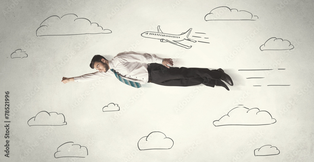 Cheerful business person flying between hand drawn sky clouds Stock ...