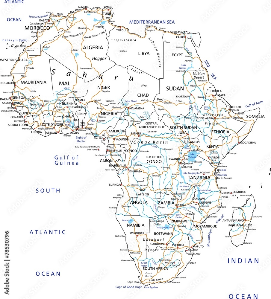 High detailed Africa road map with labeling. Stock Vector | Adobe Stock