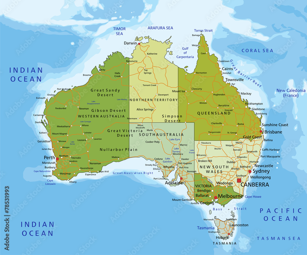 Highly detailed editable political map. Australia. Stock Vector | Adobe ...