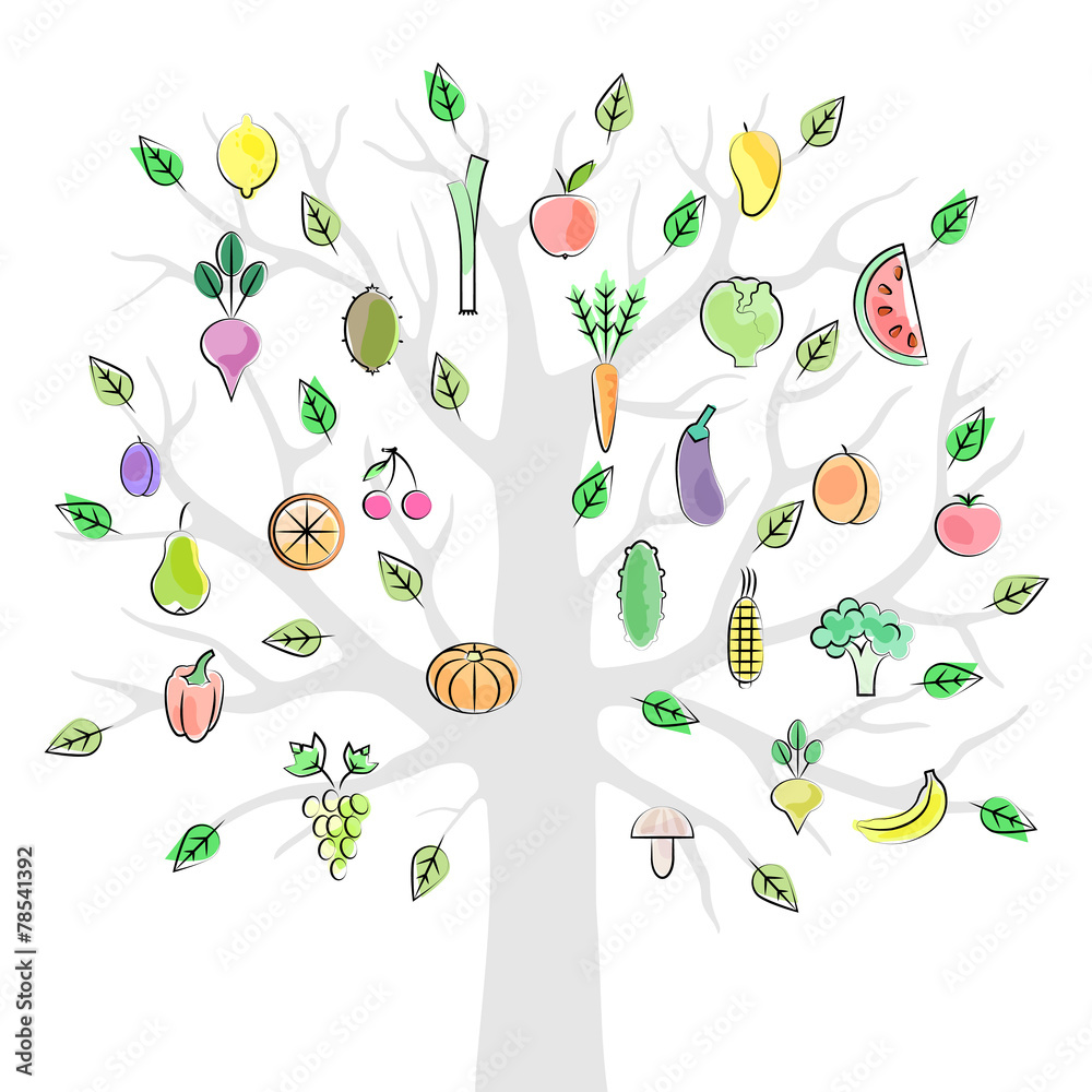 Healthy food themed background. Vector illustration of a tree wi Stock ...