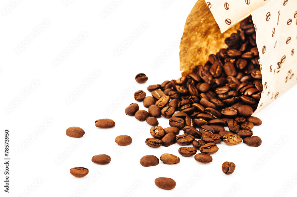 Paper bag with grain coffee on white background. coffee beans Stock ...
